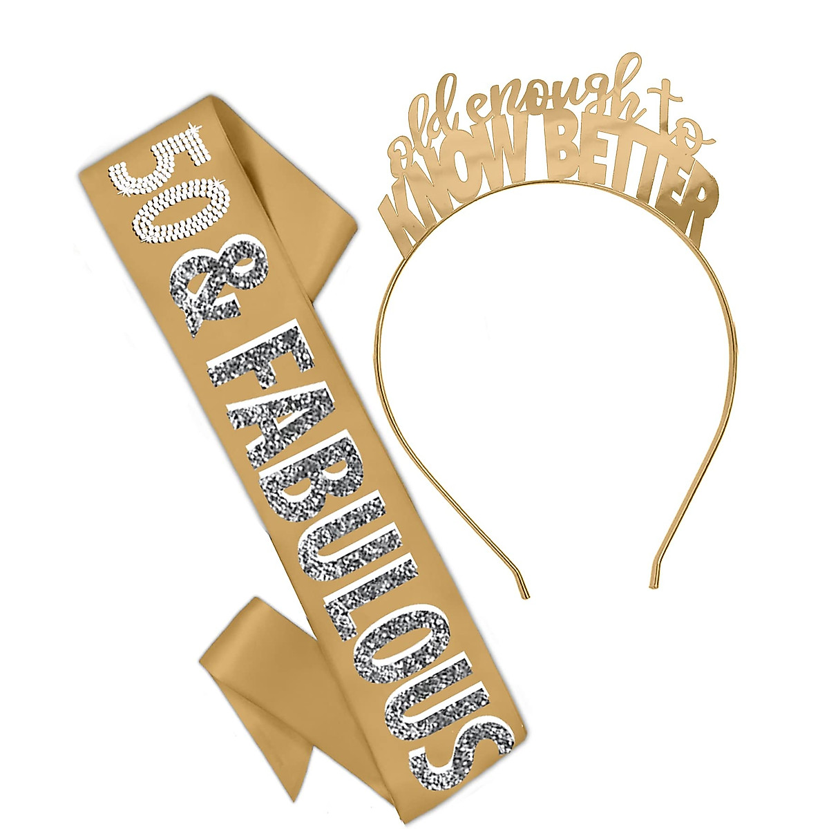 RhinestoneSash 50 & Fabulous Gold Sparkle Sash & Gold Old Enough to Know Better Headband Tiara - 50th Birthday Gift Set Supplies Premium Quality Satin – Gold GSet(50&Fab Headband/Sash) GLD