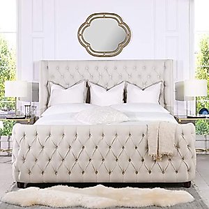 Jennifer Taylor Home Harmonie Upholstered Shelter Headboard Bed Set, King (U.S. Standard), Light Beige Linen