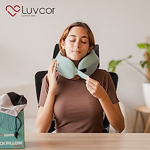Luvcor Premium Quality Memory Foam Travel Neck Pillow Bundle - Best Ergonomic Pillow for Airplane Travel, car Ride, Sleeping. Comes with Eye mask, earplugs and Storage Bag. (Imperial Green)