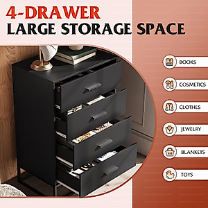 WLIVE Wood Dresser for Bedroom with 4 Drawers, Chest of Drawers, Tall Dresser Drawers with Sturdy Metal Frame for Hallway, Living Room, Closet, Black