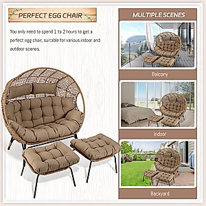 BULEXYARD Double PE Wicker Stationary Egg Chair with Legs Patio 2 Person Loveseat Chair Indoor Outdoor Oversized PE Rattan Lounge Chair for Garden Balcony (Brown/Brown, Double Egg Chair with Ottoman)