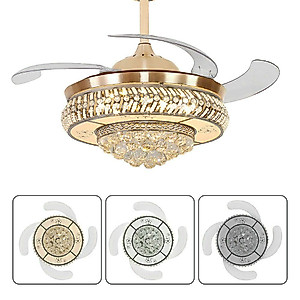 36inch 42inch Chandelier Ceiling Fan LED Crystal Retractable Invisible Ceiling Fan Light Dimmable 3 Speeds&3 Color Lights w/Remote for Bedroom Dining Room Living Room Hotel Restaurant (Gold, 42inch)