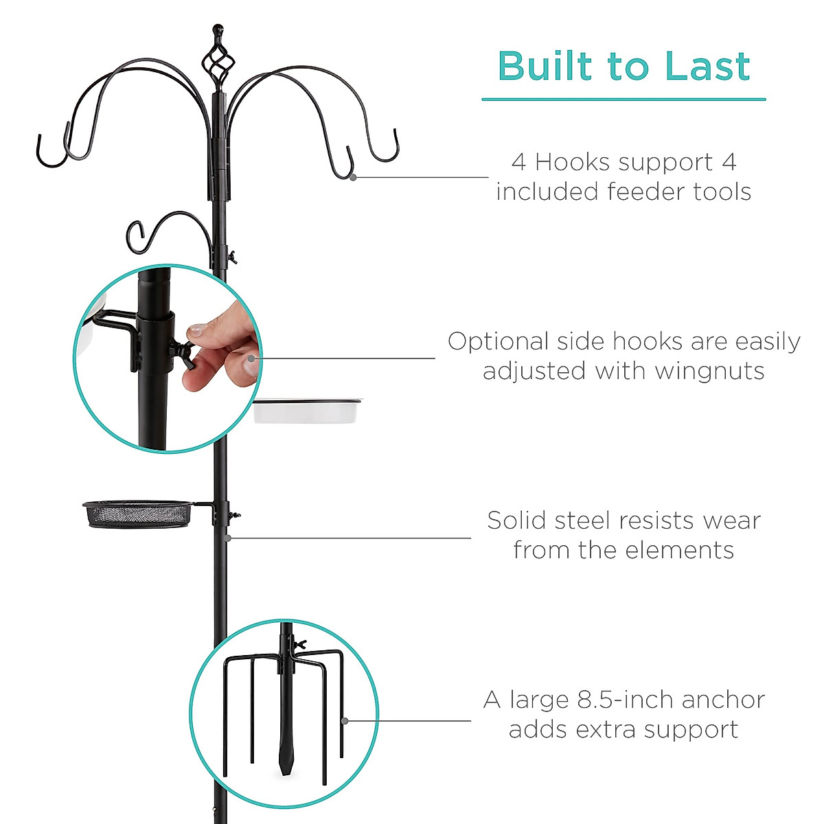 Best Choice Products 6-Hook Bird Feeding Station, Steel Multi-Feeder Kit Stand for Attracting Wild Birds w/ 4 Bird Feeders, Mesh Tray, Bird Bath, 5-Prong Base - Black