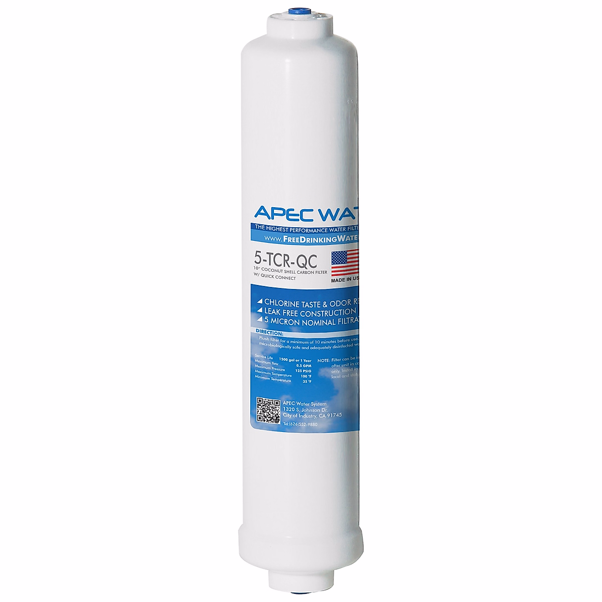 APEC Water Systems APEC 5-TCR-QC US MADE 10" Inline Carbon Filter with ¼” Quick Connect For Reverse Osmosis Water Filter System (For Standard System), White
