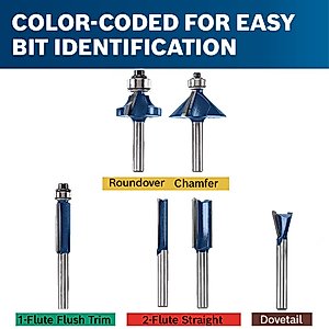 BOSCH RBS006 6-Piece 1/4 In. Shank Carbide-Tipped Multi-Purpose Router Bits Assorted Set with Included Storage Case for Applications in Straight, Trimming, Decorative Edging, Dovetail Joinery
