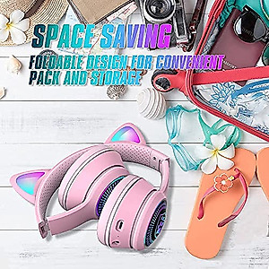 Zuri Sana Cat Ear Gaming Bluetooth 5.2 Wireless Foldable Headphones with LED Light, Over Ear Stereo Sound Music Headsets with Microphone AUX for PC TV Pad Cellphone Laptop Game Kids Adults Gift