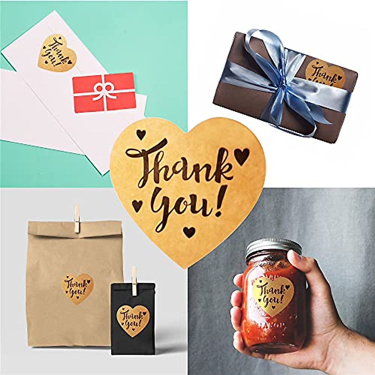 Thank You Heart Stickers Roll, 1.5 inch Thank You Stickers Brown Kraft Paper, 500p/Roll, Small Business, Party Decorative Sealing Labels Stickers(Heart Thank You Stickers 500Pcs/Roll)