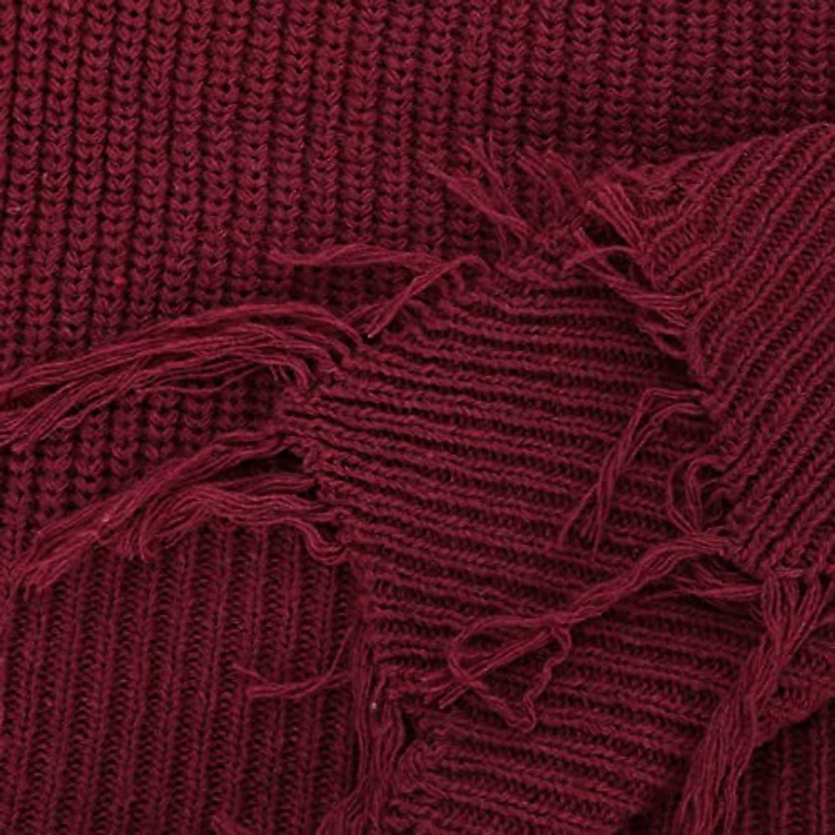 Womens V Neck Knit Sweater Long Sleeve Ripped Pullover Loose Fit Warm Knitted Jumper Crop Tops Sweaters Wine