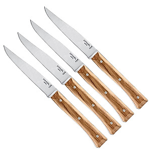 OPINEL Facette Steak Knife Set – Full Tang Table Knife Setting for 4, Comfortable Riveted Handle in Premium Woods and Vitter Eco, Made in France (Olive Wood)