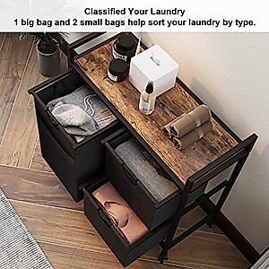 Tohomeor Laundry Sorter with 3 Laundry Basket Rolling Laundry Hamper Cart with Wheels Sliding Pull Out and Removable Laundry Basket Bags for Laundry Room Bathroom Bedroom (Rustic Brown)