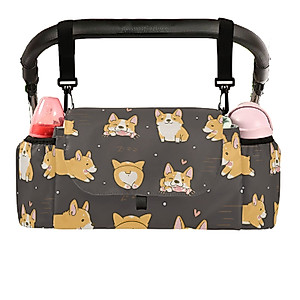 Sinestour Corgi Cute Dogs Stroller Organizer with Cup Holder Universal Stroller Organizer Bag Detachable Shoulder Strap Stroller Accessories for Diaper Toys Snacks Keys Fit All Baby Stroller