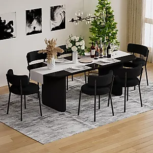 HAIZAO Modern Dining Chairs Set of 4, Round Upholstered Boucle Sherpa Dining Chairs, Curved Backrest Kitchen Dining Room Chairs, Mid-Century Black Dining Chair with Black Metal Legs