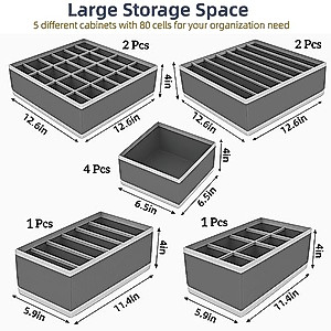 10 Pack Dresser Drawer Organizers for Clothing, Total 80 Cell Underwear Organizer Bra Sock Organizer for Drawer Divider Foldable Closet Organizers and Storage for Baby Clothes, Bras, Socks, Darkgrey