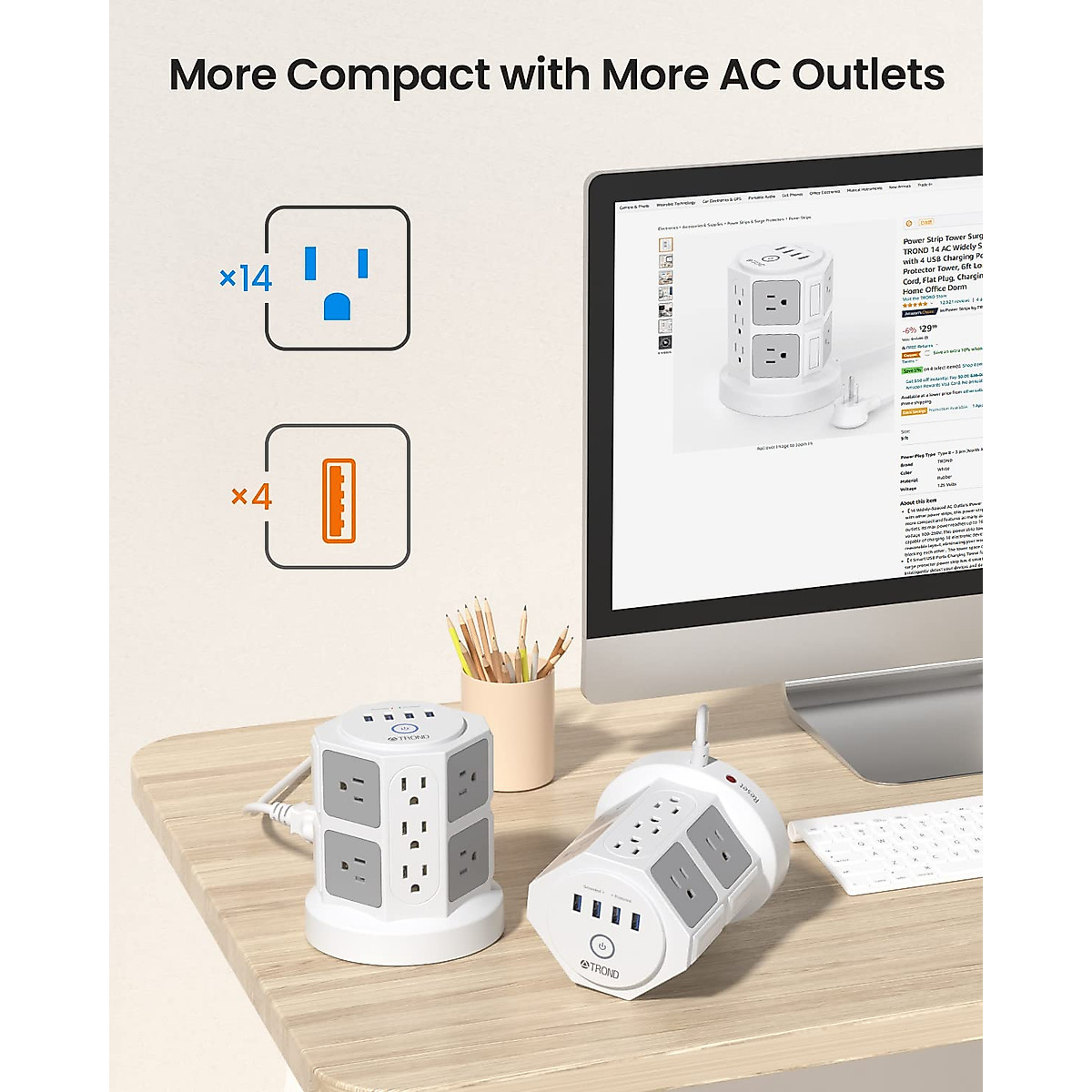 TROND Surge Protector Power Strip Tower, 14 Widely Spaced Outlets 4 USB Chargers, 6ft Extension Cord with Multiple Outlets, Flat Plug, 2100J, Overload Protection for Home Office Desk, Dorm Essentials