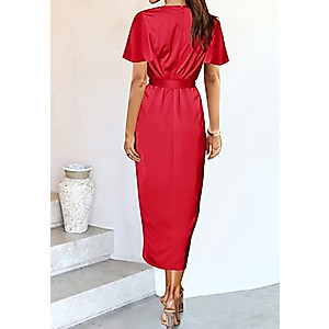ZESICA Women's Elegant Bodycon Party Dress Satin Wrap V Neck Ruched Belted Formal Midi Dresses,Red,Medium