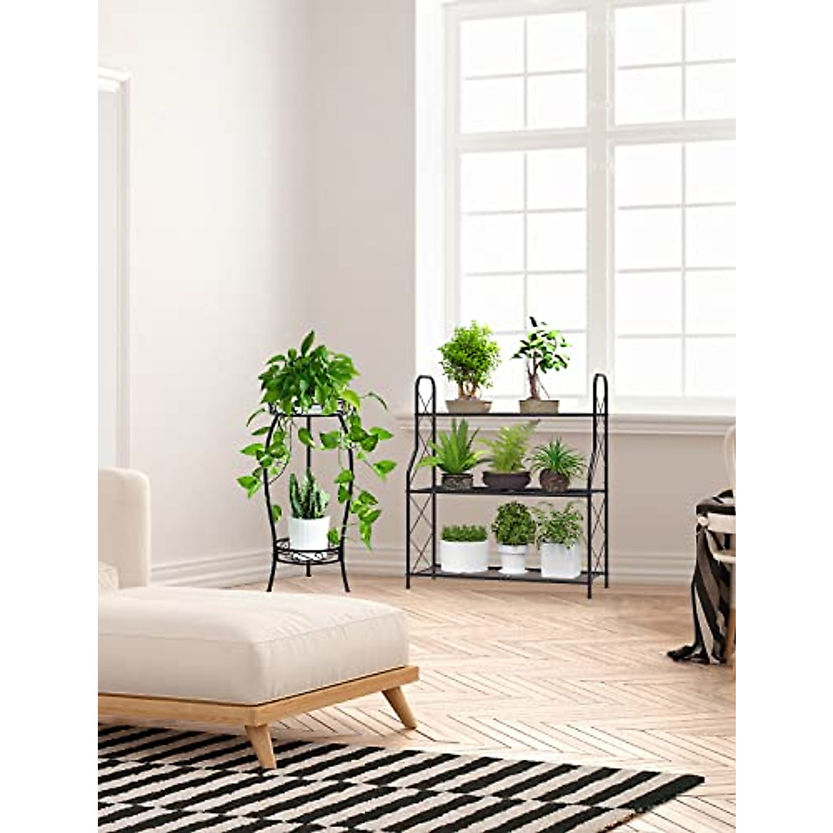 Bextcok 27inch Tall Metal Plant Stand Rustproof Decorative Wrought Iron Flower Pot Rack 2 Tier Supports for Small Double Plants Indoor Outdoor Patio Corner Garden, Black