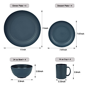 Kitdoyo Wheat Straw Dinnerware Sets - Camping Dishes Set for 4 - Unbreakable Kids Plastic Dinnerware Set - Plastic Plates and Bowls Set - Cereal Bowl - College Dorm Room Essentials