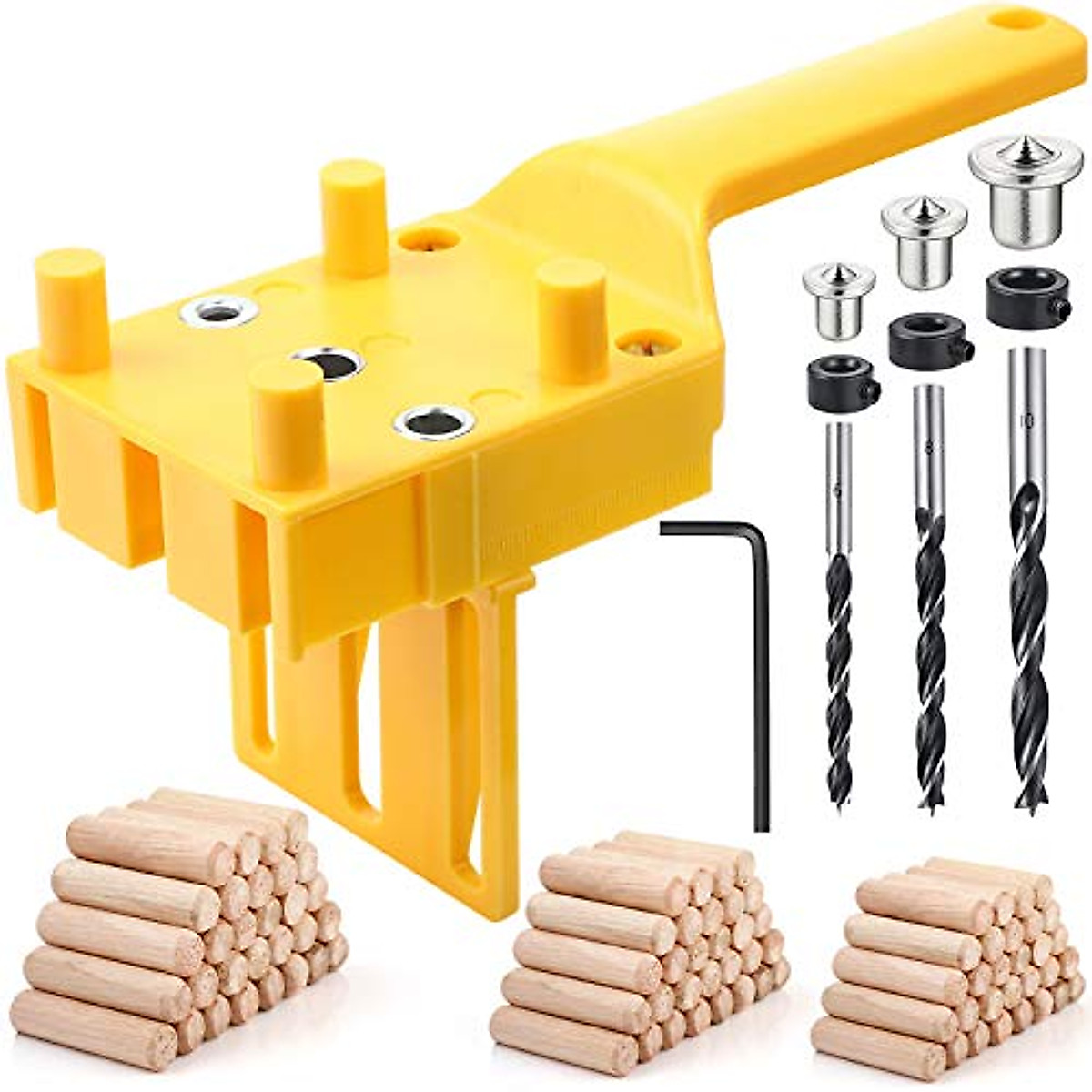 101 Pcs Handheld Woodworking Dowel Jig Kit Wood Dowel Drilling Guide Set for 1/4, 5/16, 3/8 Inch Drill Guide Metal Sleeve with Wood Dowel Pins Drill Bit Dowel Joints Drilling Guide Tools(Yellow)