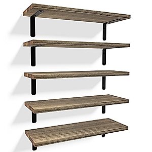 RICHER HOUSE Floating Wall Shelves, Rustic Wood Bathroom Shelves Set of 5, Farmhouse Style Floating Shelf for Wall Décor, Hanging Shelves for Bedroom, Storage, Kitchen, Living Room - Carbonized Black