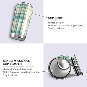 Green and White Check Stainless Steel straw, vacuum insulated water bottle with Lid and Straw travel coffee mug with lid for Home, Office or Car simply modern flip straw tumbler vaso para agua