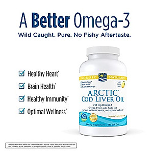 Nordic Naturals Arctic Cod Liver Oil, Lemon - 180 Soft Gels - 750 mg Total Omega-3s with EPA & DHA - Heart & Brain Health, Healthy Immunity, Overall Wellness - Non-GMO - 60 Servings