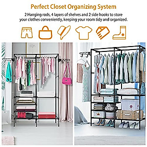 KOCASO Garment Rack,Clothes Rack Shoe Clothing Organizer Shelves,Freestanding Clothes Wardrobe with 2 Hanging Rods & 360° Roatation Hooks,Coated Iron Frame,66.1x42.1x14.2in,Load Capacity 350lbs