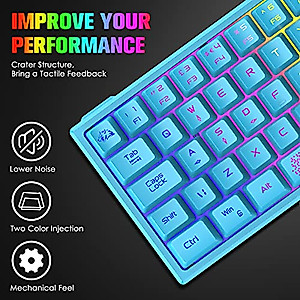 ZIYOU LANG K61 60% Gaming Keyboard Mini Portable with Rainbow RGB Backlit Ergonomic 62Key Layout 19Key Anti-ghosting Mechanical Feel Waterproof USB Wired for PC Mac Windows Gamer Laptop Typists(Blue)