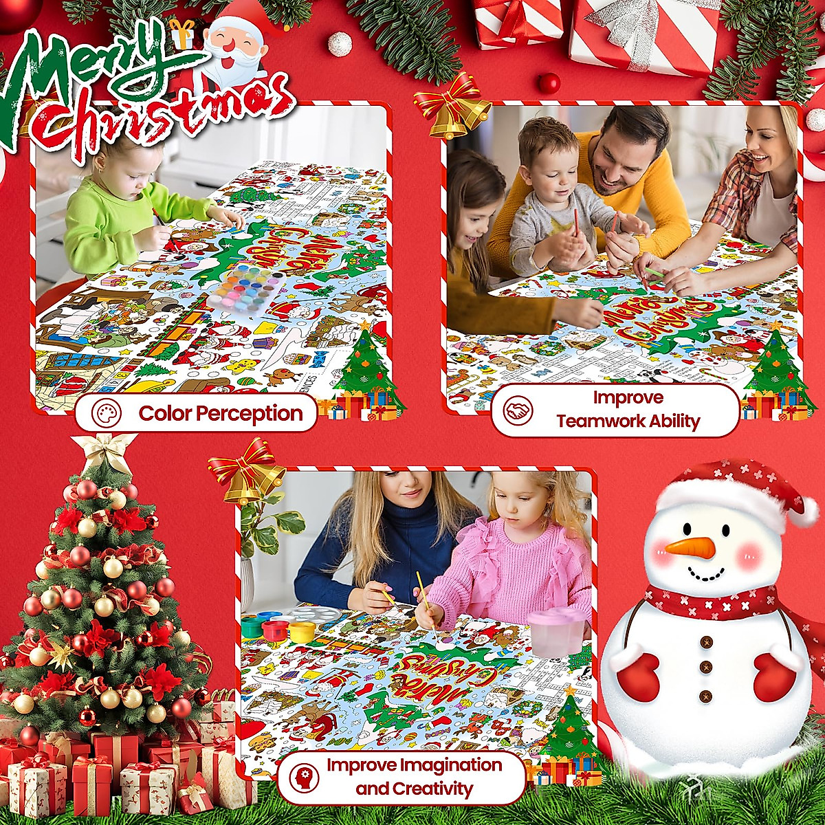 PADTIC Giant Coloring Poster,35x72inch Versatile Merry Christmas Paper Coloring Tablecloth,DIY Christmas Tree,Santa Claus,Gnomes,Elk,Snowman Table Cover Kids Art Crafts Home Classroom Party Supplies