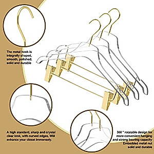 Quality Lucite Acrylic Clear Skirt Pants Trousers Bottom Hangers 5-Pack, with Adjustable Metal Clips, Made of Clear Acrylic for a Luxurious Look and Feel with Swivel Hook (Matte Gold, 5)