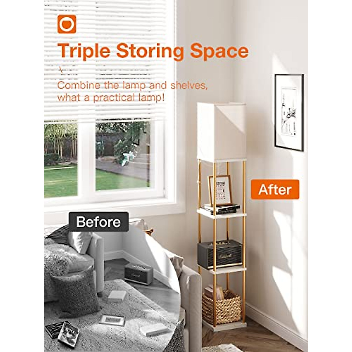 addlon Gold Floor Lamp, 4-Tier Display Floor Lamp with Shelves, LED Floor Lamp with 3CCT Bulb, Modern Floor Lamp for Bedroom, Livingroom and Office - Marble Texture & Gold Frame