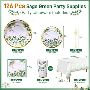 Etsutomy Sage Green Party Decoration, 126PCS Sage Green Plates and Napkins Party Supplies, Spring Greenery Eucalyptus Green Leaves Disposable Dinnerware Decor for Wedding Birthday Baby Shower