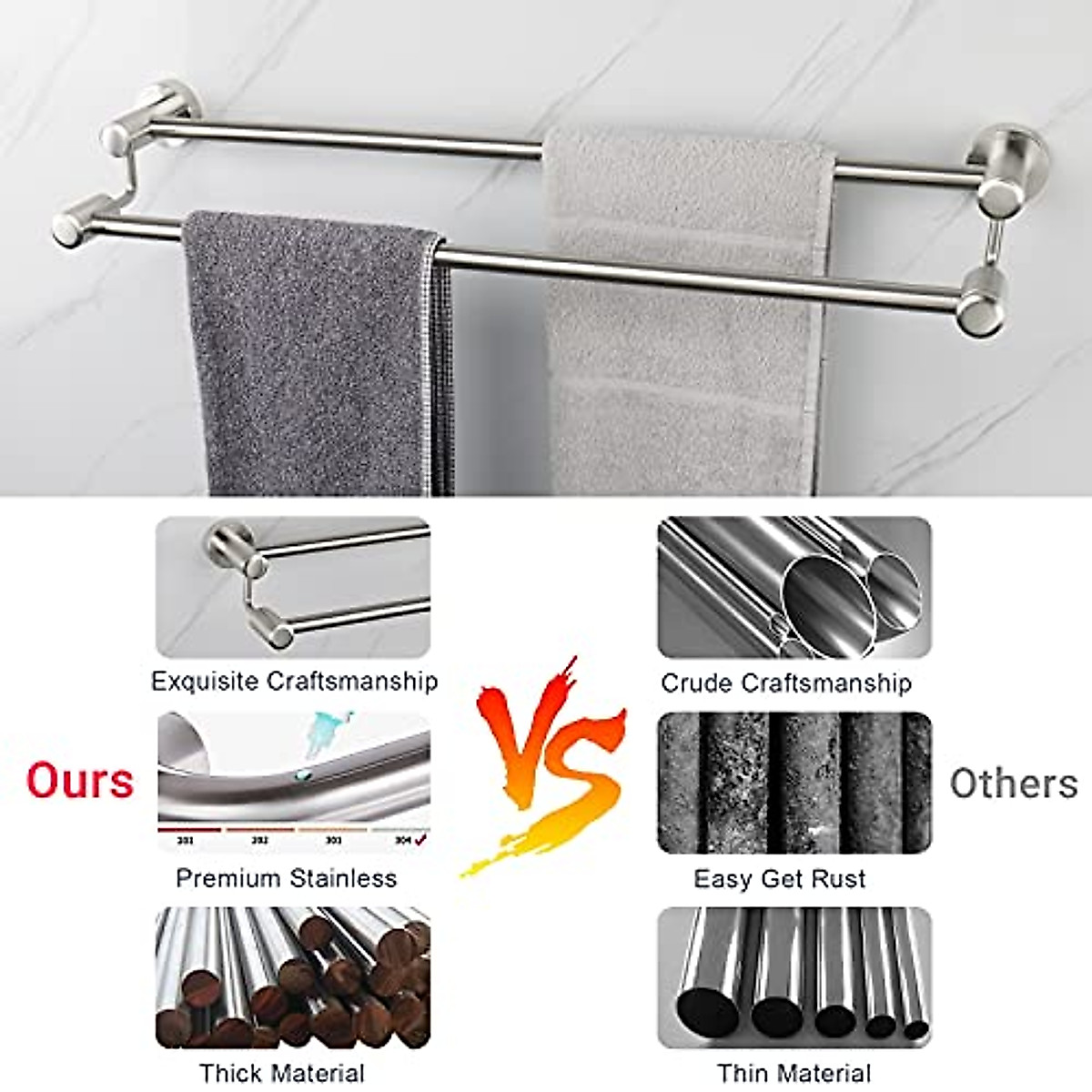 TocTen Double Bath Towel Bar - Thicken SUS304 Stainless Steel Towel Rack for Bathroom, Bathroom Accessories Double Towel Rod Heavy Duty Wall Mounted Towel Holder (Brushed,24IN)