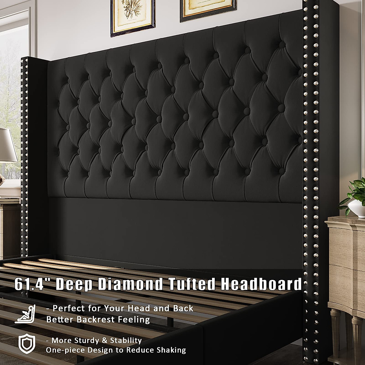 PaPaJet Queen Platform Bed Frame 61.4" Handmade Headboard Velvet Tall Upholstered Bed Deep Button Tufted/No Box Spring Required/Wood Slat Support/Easy Assembly/Black