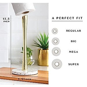 Zasu Marble Paper Towel Holder Gold Countertop, Kitchen, Toilet, Pantry and Bathroom Standing Paper Towel Roll Holders with Marble Base for Standard or Jumbo-Sized Roll Holder (Gold/Marble)
