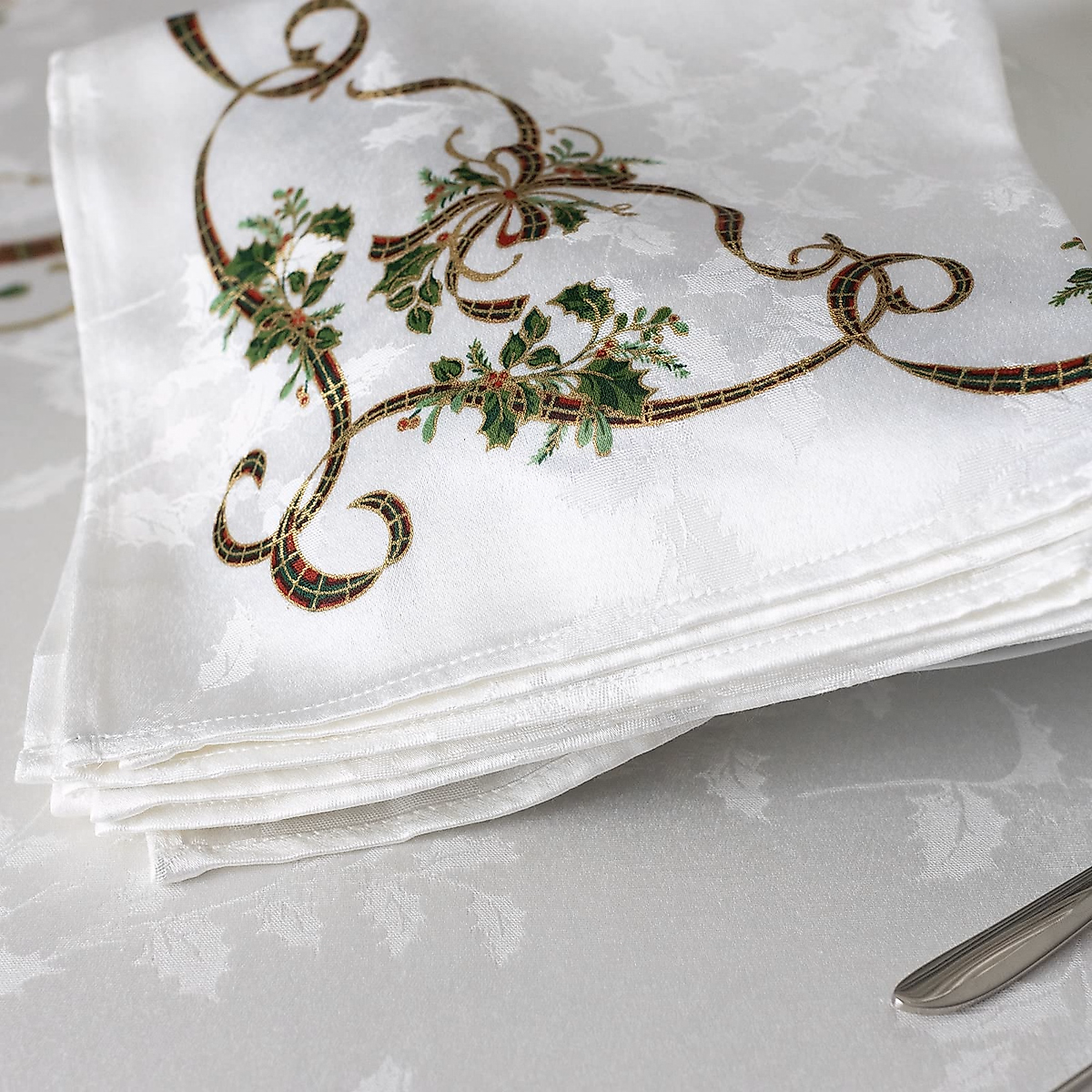 Benson Mills Merry Ribbons Engineered Printed Jacquard Fabric Cloth Napkins, for Christmas, Winter, and Holiday Tablecloths (19" x 19" Napkins Set of 4, Merry Ribbons)