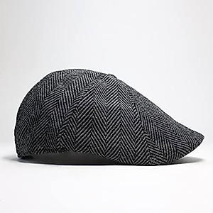 The Original Boston Scally Cap - The Peaky Newsboy Flat Cap - 8 Panel Cotton Fitted Hat for Men - Grey Herringbone