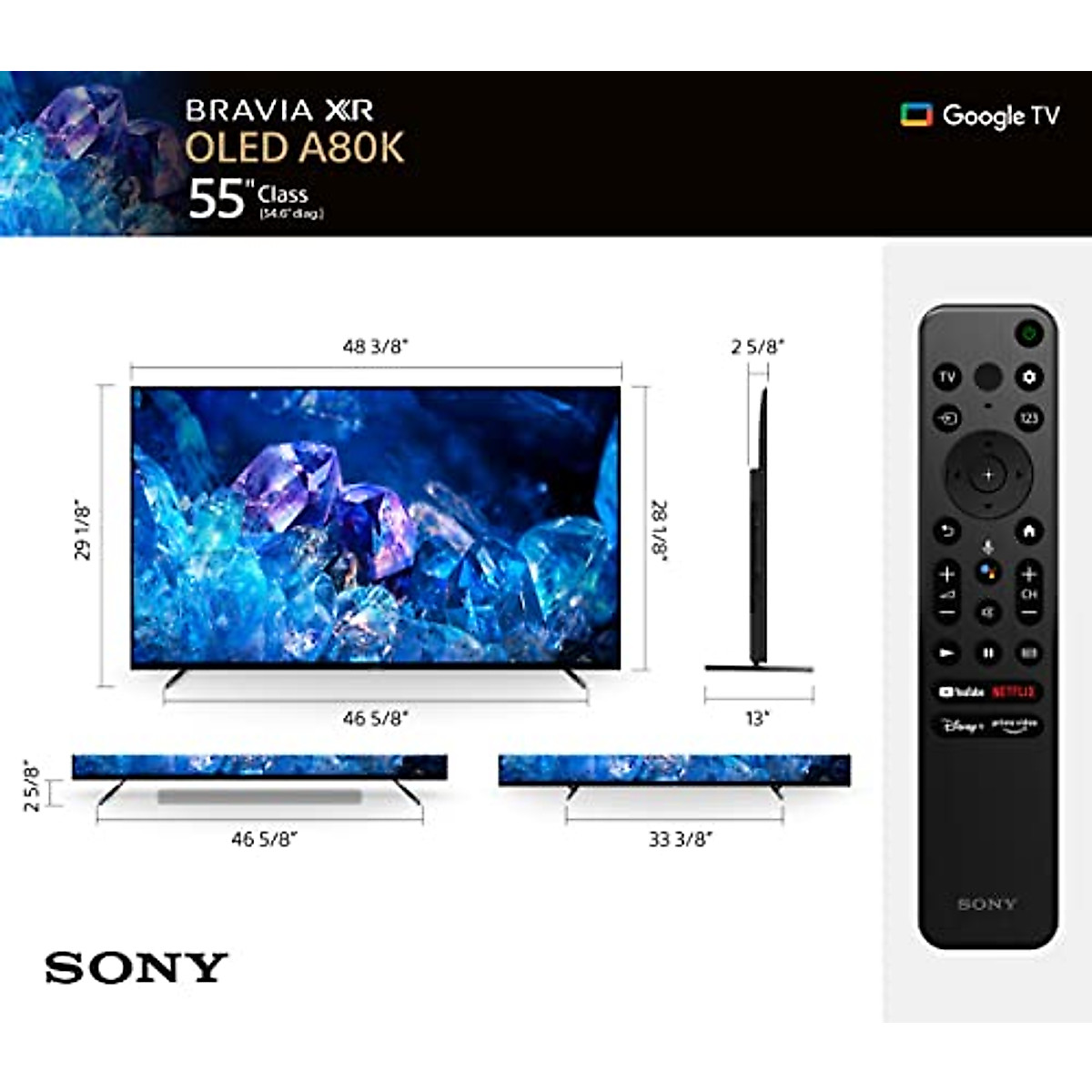 Sony 55 Inch 4K Ultra HD TV A80K Series: BRAVIA XR OLED Smart Google TV with Dolby Vision HDR and Exclusive Features for The Playstation® 5 XR55A80K- 2022 Model (Renewed)
