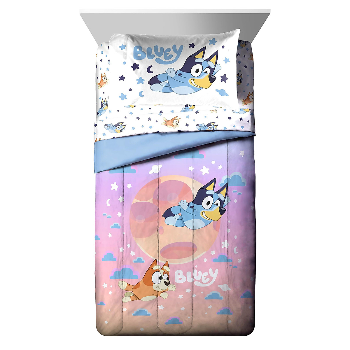Bluey & Bingo Twin Comforter Set - 5 Piece Bed Set Includes Sheet Set & Pillow Covers - Super Soft Clouds & Stars Kids Bedding