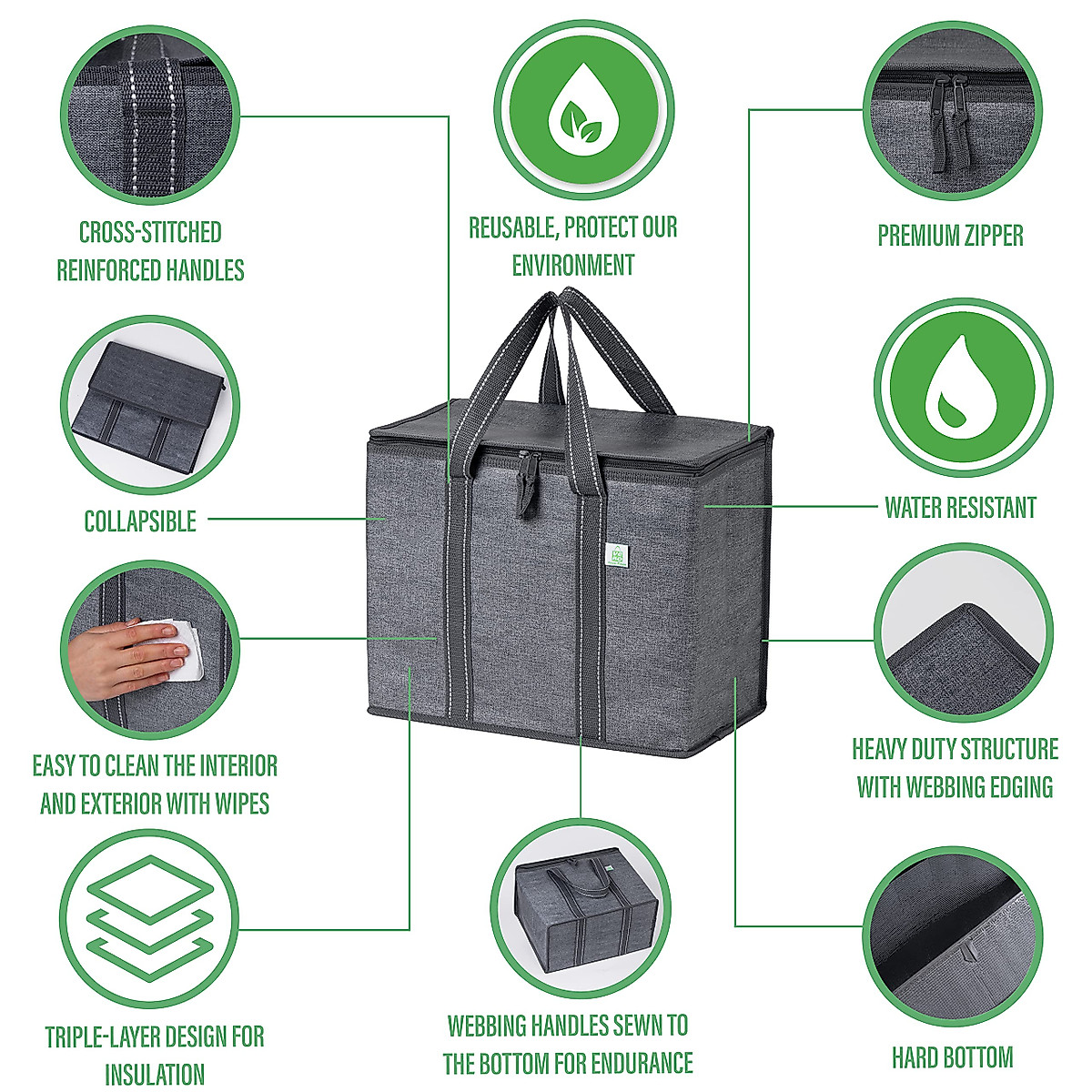 VENO 2 Pack Cooler Bag and Insulated Grocery Bags for Food Delivery, Collapsible Cooler. Reusable Shopping Bags for groceries with Hard Bottom, Zippered Top, Foldable, Heavy-Duty (Gray, 2 Pack)