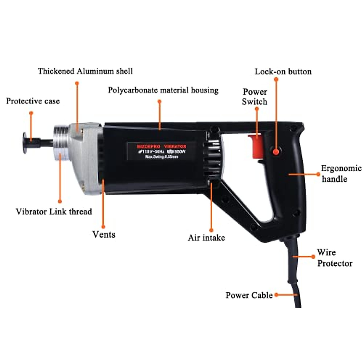 BIZOEPRO Hand Held Power Concrete Vibrator 950W 13000rpm With 2.5M(8-1/5feet) Shaft Rod Electric Concrete Vibrabrater Portable Construction Pencil Vibrator