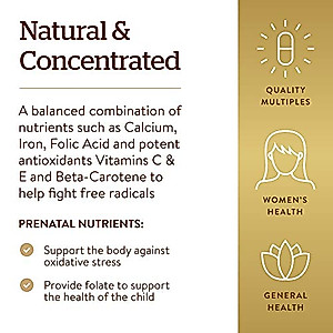 Solgar Prenatal Nutrients, 120 Tablets - Multivitamin & Mineral Formula for Pregnant & Lactating Women - Contains Zinc, Calcium Iron, Folic Acid, Vitamins C & E - Vegan, Gluten Free - 30 Servings