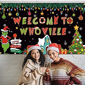 JKQ Welcome to Whoville Backdrop Banner 73 x 43 Inch Large Size Christmas Banner with Xmas Tree Gifts Signs Xmas Party Decorations Christmas Holiday Indoor Outdoor Photo Booth Props