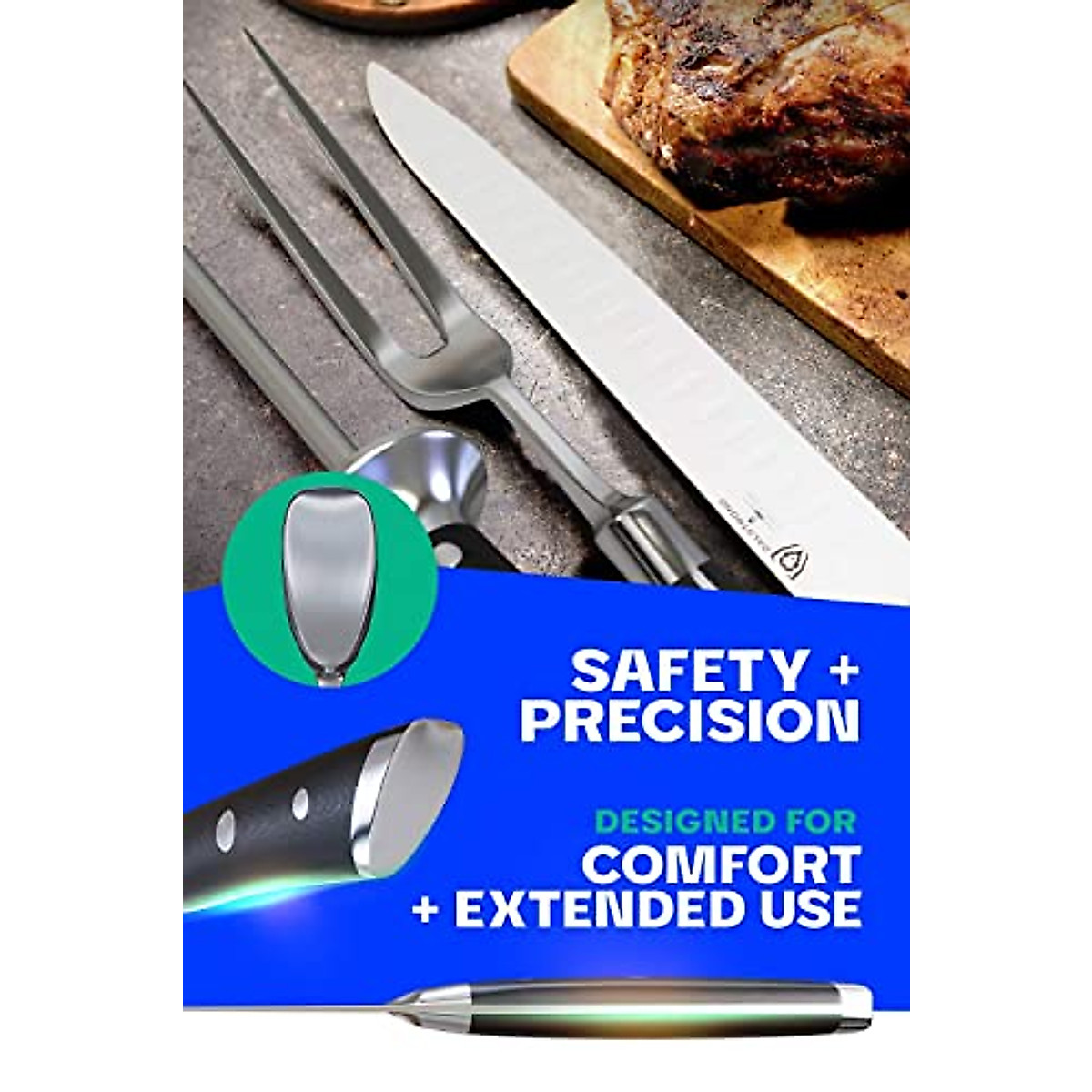 Dalstrong Carving Knife & Meat Fork Set - Gladiator Series Elite - 8" Honing Rod - Forged HC German Steel - 9 inch Carving Knife & Sheath - Hollow Ground Carving Set - Matching Fork - NSF Certified