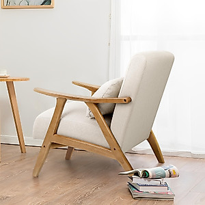 OAKHAM Mid Century Modern Accent Chair, Single Fabric Lounge Reading Armchair with Soft Wood Frame, Easy Assembly Arm Rest Chairs for Living Room, Bedroom Walnut-Brown (Walnut-Beige)