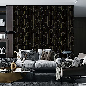 Stripe Peel and Stick Wallpaper Modern Black Contact Paper Geometric Black and Gold Removable Paper Self Adhesive Wallpaper Decorative for Wall Countertop Cabinet Furniture Vinyl Film 17.3"X118.7"