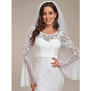 Ever-Pretty Women Custom Curve Charming Open Back Tulle Floor Length Bridal Dress with Long Lace Trian White US30