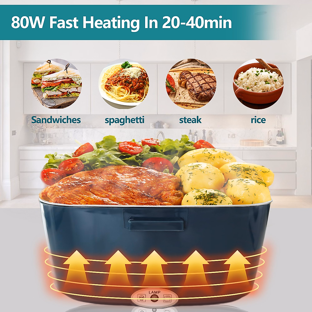 XSWPL Electric Lunch Box Heated Lunch Box 80W Electric Lunch Box for Adults 12/24/110V Lonchera Eléctrica 304 Stainless Portable Lunch Box Warmer for Office/Car/Truck(1.5L)