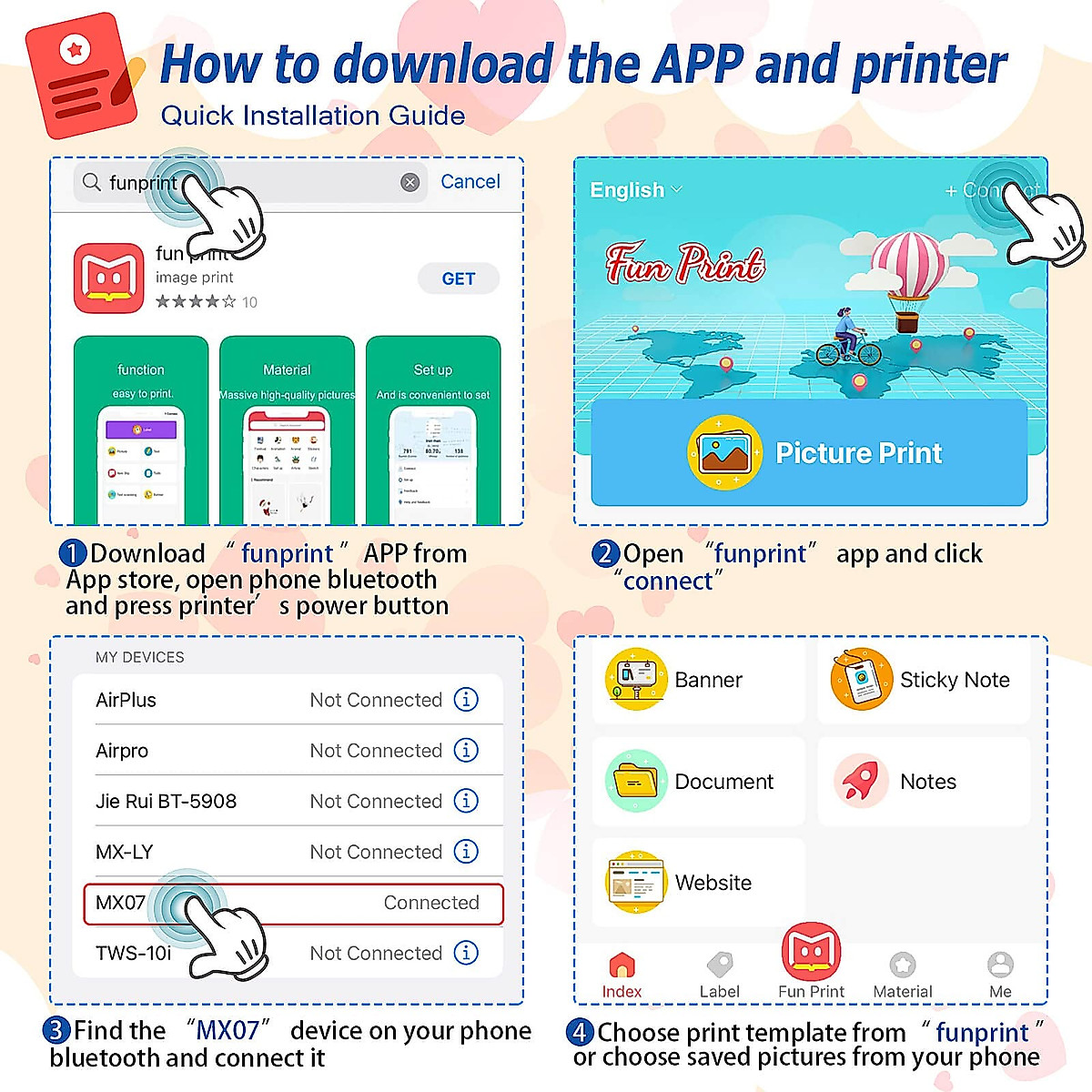 Mini Printer Portable Bluetooth-compatible Photo Printer with 10 Rolls Paper, Inkless Pocket Printer for iPhone Thermal Sticker Maker Machine Label Printer for Receipt Picture Notes Study Home Office