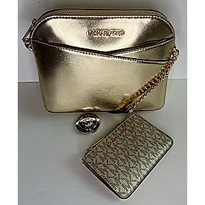 Michael Kors MICHAEL Michael Kors Jet Set Travel MD Dome XCross Crossbody bundled with SM TZ Coinpouch Purse Hook (Pale Gold/Signature Pale Gold)