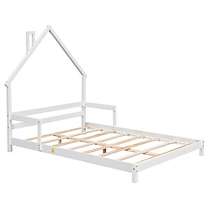 Floor Bed for Kids, Full Size Montessori Bed with House Shape Headboard, Wood House Bed with Slats for Boys Girls, Low Platform Bed, No Box Spring Needed, White